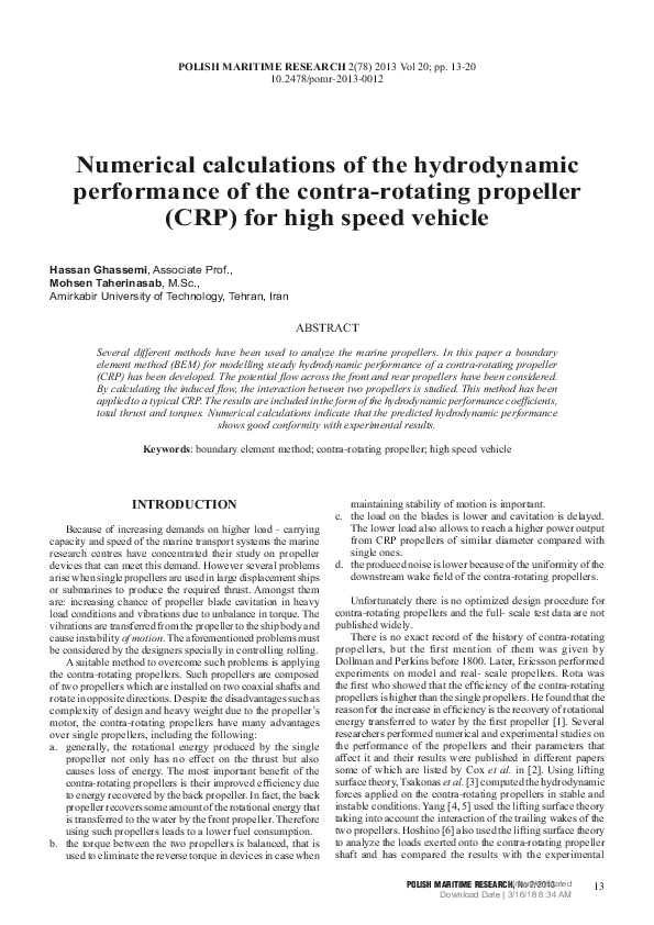 (PDF) Numerical calculations of the hydrodynamic performance of the ...