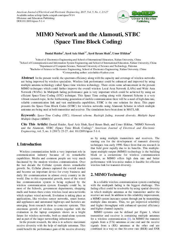 Pdf Mimo Network And The Alamouti Stbc Space Time Block Coding