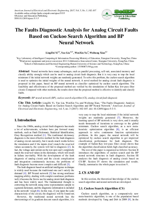 Pdf The Faults Diagnostic Analysis For Analog Circuit Faults Based On Cuckoo Search Algorithm