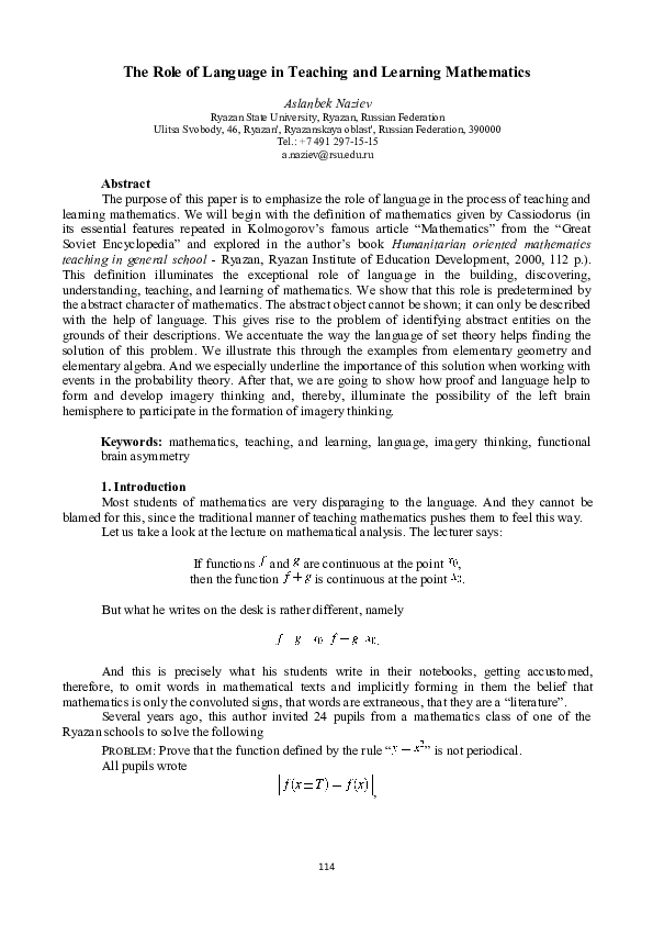 (PDF) The Role of Language in Teaching and Learning Mathematics ...