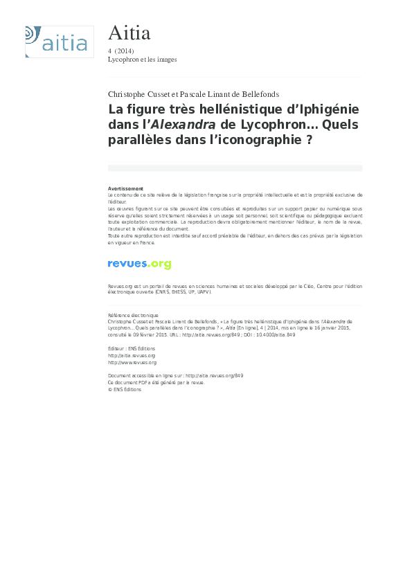 (PDF) La figure très hellénistique d’Iphigénie dans l’Alexandra de ...