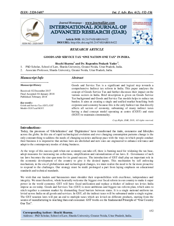 (PDF) GOODS AND SERVICE TAX ONE NATION ONE TAX IN INDIA.