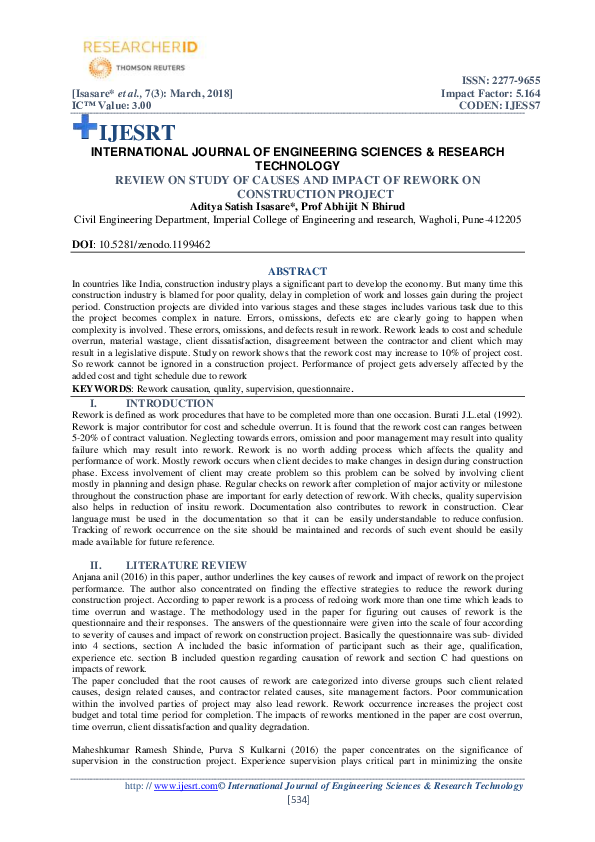 (PDF) REVIEW ON STUDY OF CAUSES AND IMPACT OF REWORK ON CONSTRUCTION ...