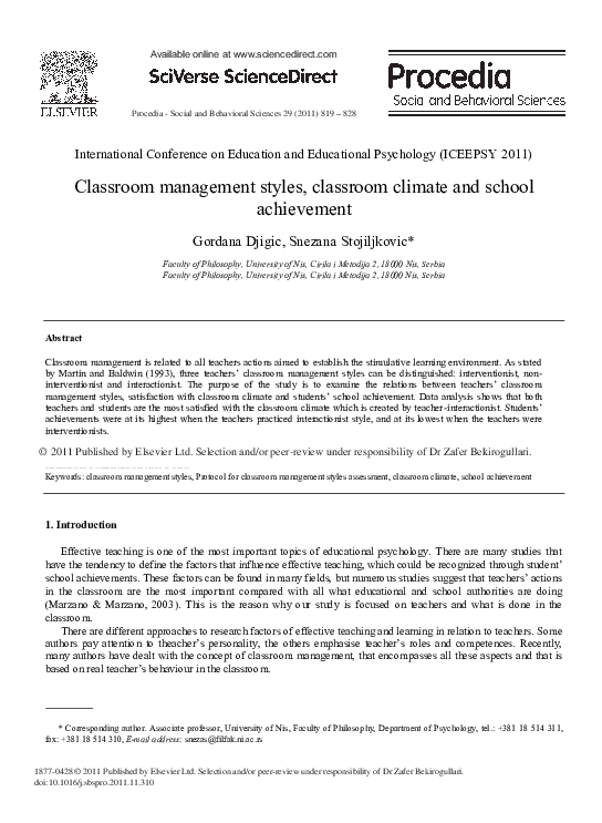 (PDF) Classroom management styles, classroom climate and school achievement