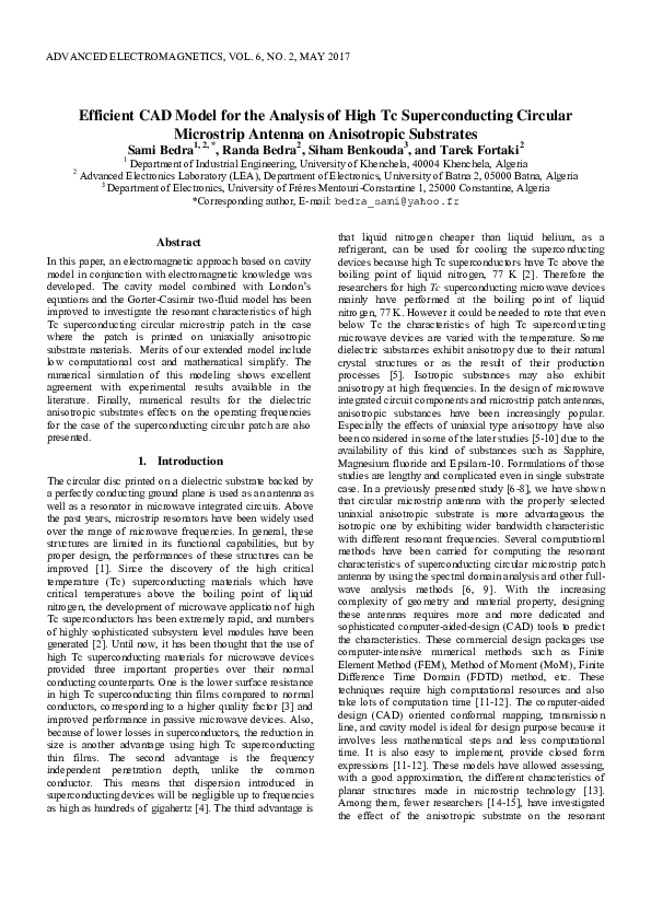 Pdf Efficient Cad Model For The Analysis Of High Tc Superconducting Circular Microstrip