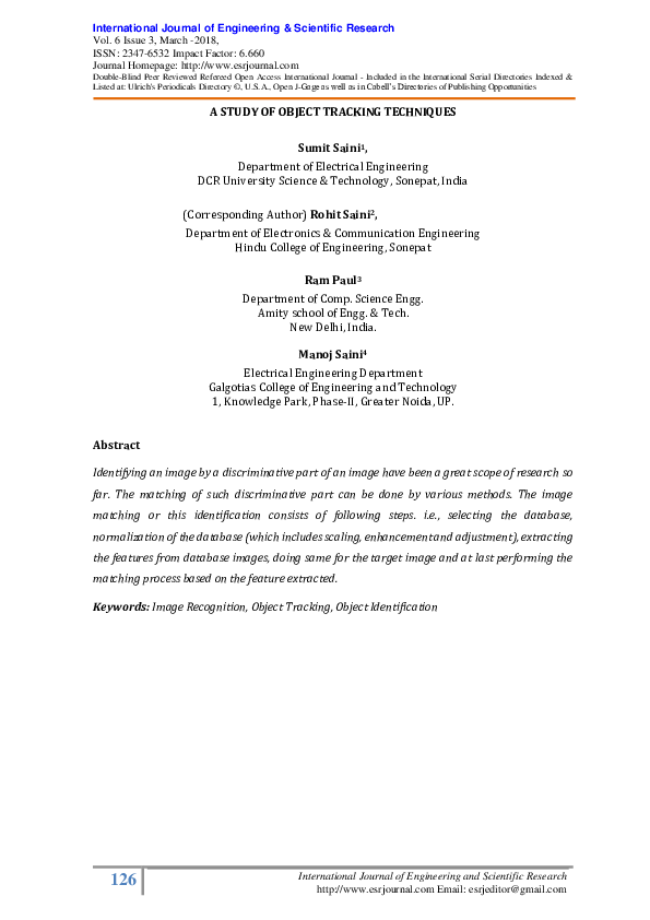 (PDF) A STUDY OF OBJECT TRACKING TECHNIQUES