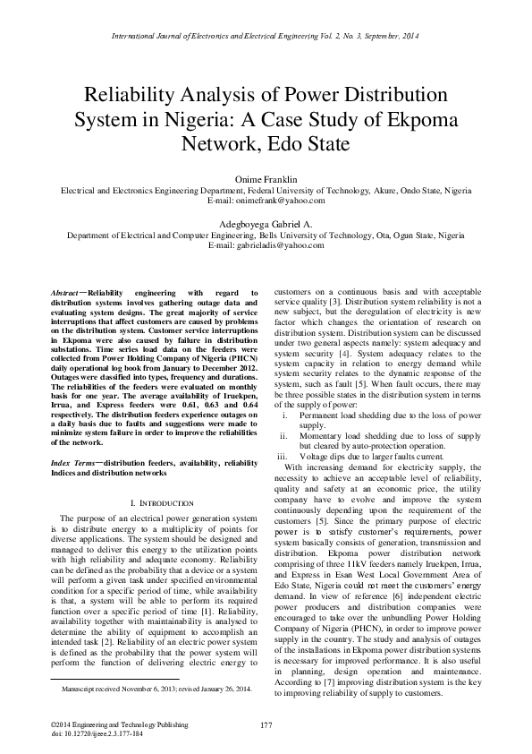 (PDF) Reliability Analysis of Power Distribution System in Nigeria: A Case Study of Ekpoma ...