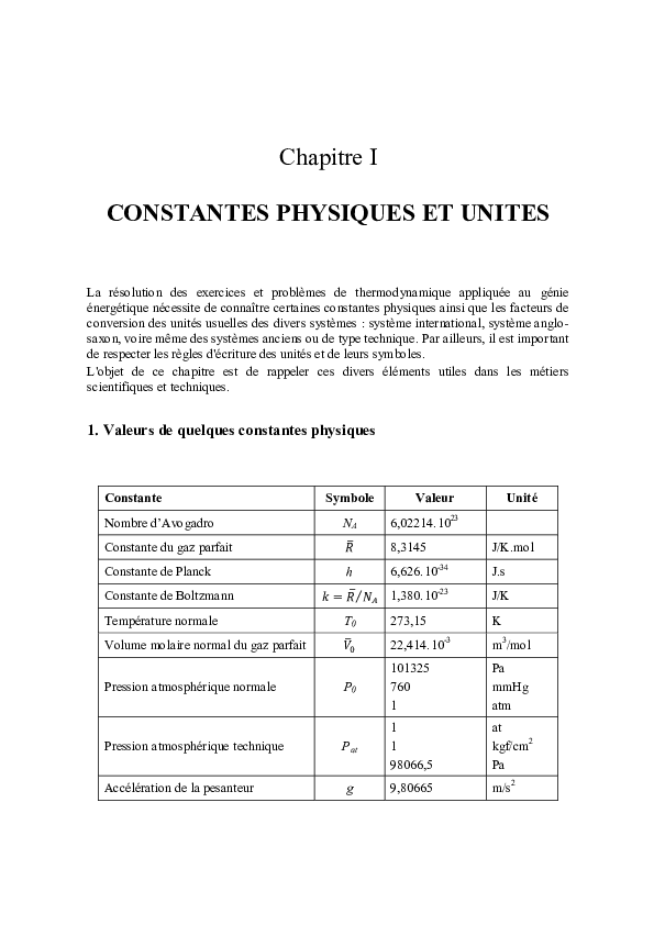 (PDF) Chapitre I CONSTANTES PHYSIQUES ET UNITES