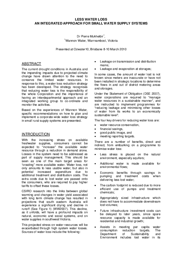 (PDF) Less Water Loss—An Integrated Approach for Small Water Supply Systems