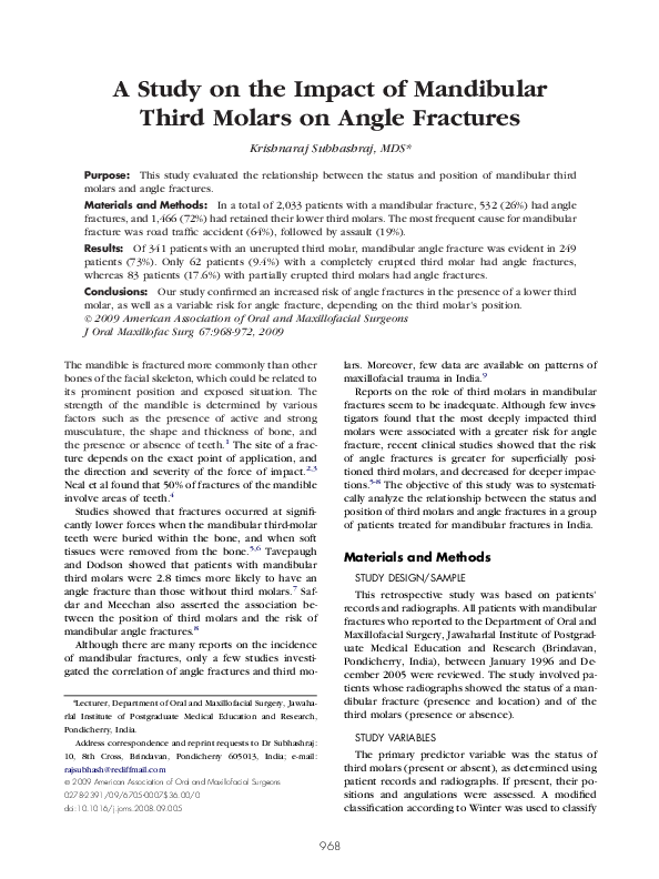 (PDF) A Study on the Impact of Mandibular Third Molars on Angle Fractures