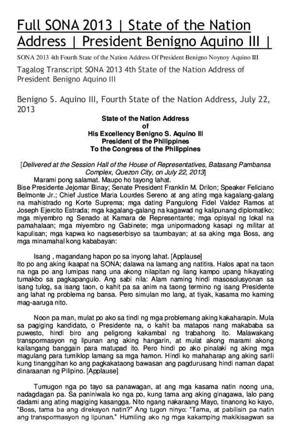 (PDF) Full SONA 2013 State of the Nation Address President Benigno ...