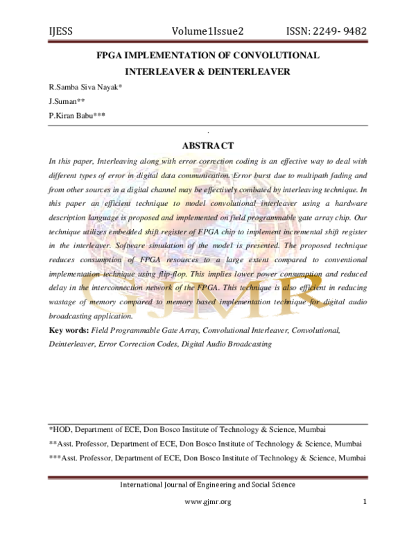 (PDF) FPGA IMPLEMENTATION OF CONVOLUTIONAL INTERLEAVER & DEINTERLEAVER.pdf (PDF) FPGA IMPLEMENTATION OF CONVOLUTIONAL INTERLEAVER & DEINTERLEAVER.pdf