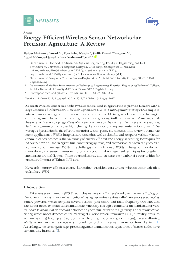 Pdf Energy Efficient Wireless Sensor Networks For Precision Agriculture A Review