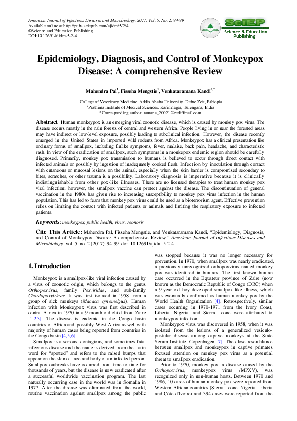 (PDF) Epidemiology, Diagnosis, and Control of Monkeypox Disease: A ...