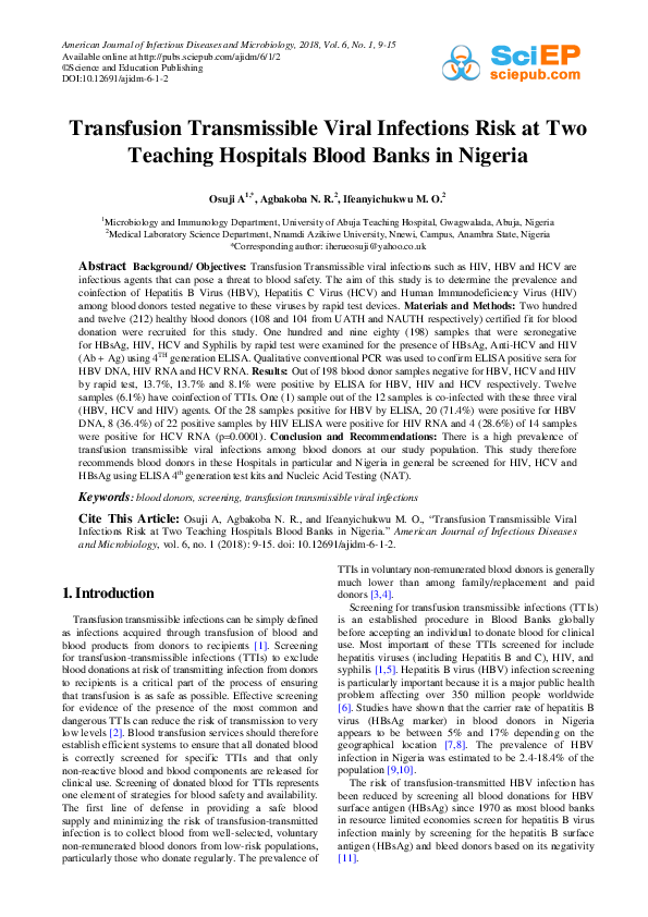 (PDF) Transfusion Transmissible Viral Infections Risk at Two Teaching ...