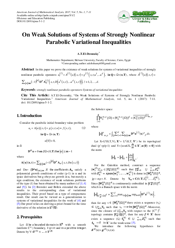 Pdf On Weak Solutions Of Systems Of Strongly Nonlinear Parabolic