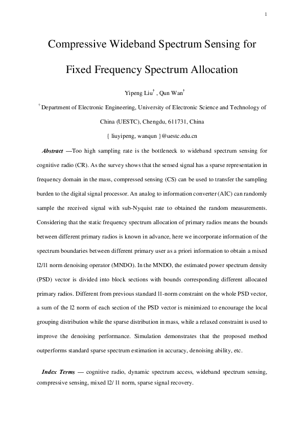 (PDF) Compressive wideband spectrum sensing for fixed frequency spectrum allocation
