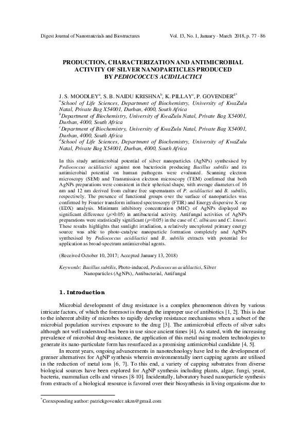 (PDF) PRODUCTION, CHARACTERIZATION AND ANTIMICROBIAL ACTIVITY OF SILVER NANOPARTICLES PRODUCED ...