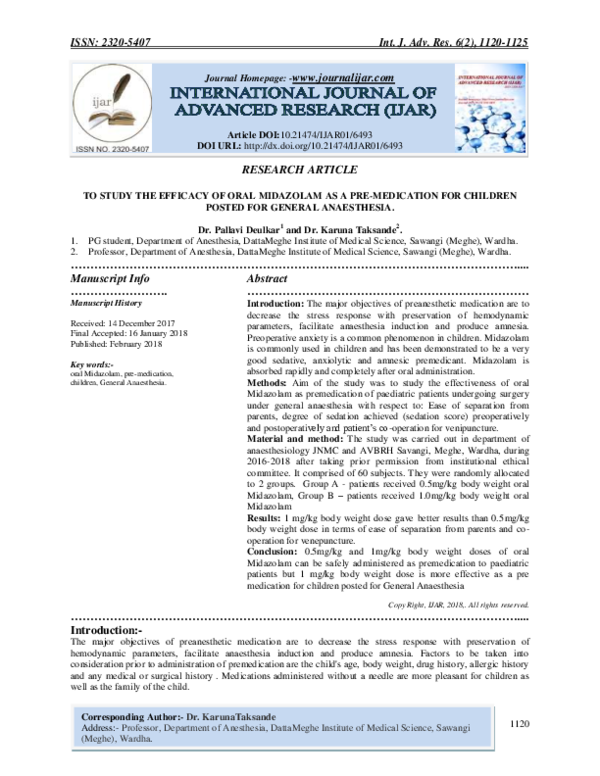 (PDF) TO STUDY THE EFFICACY OF ORAL MIDAZOLAM AS A PRE-MEDICATION FOR ...