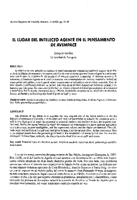 (PDF) El lugar del intelecto agente en el pensamiento de Avempace, por ...
