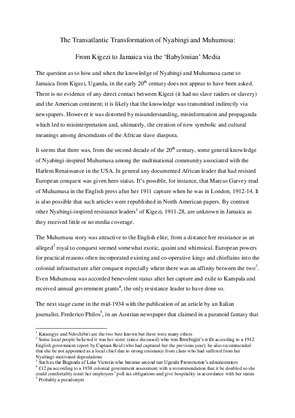 (PDF) The Transatlantic Transformation of Nyabingi and Muhumusa: From ...