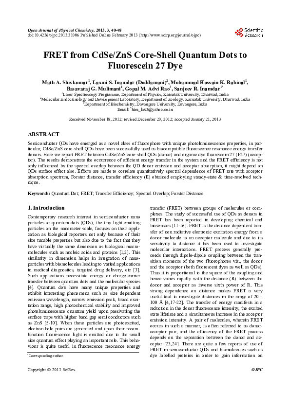 (PDF) FRET from CdSe/ZnS Core-Shell Quantum Dots to Fluorescein 27 Dye