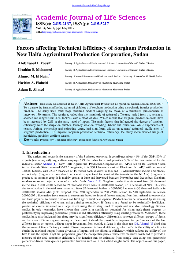 (PDF) Factors affecting Technical Efficiency of Sorghum Production in ...