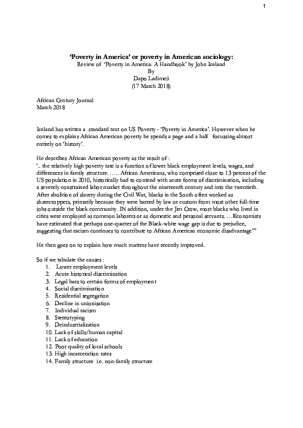 (PDF) 'Poverty in America' or poverty in American sociology: Review of ...