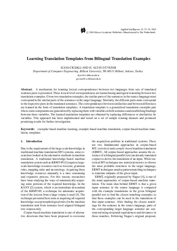 (PDF) Learning Translation Templates from Bilingual Translation Examples