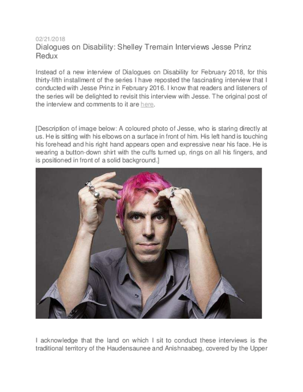 (PDF) Dialogues on Disability: Shelley Tremain Interviews Jesse Prinz ...