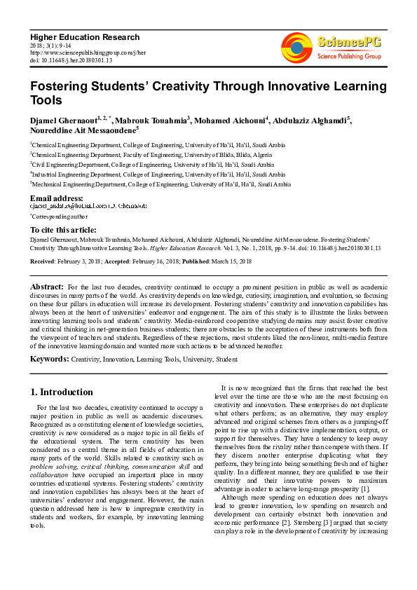 (PDF) Fostering Students' Creativity Through Innovative Learning Tools