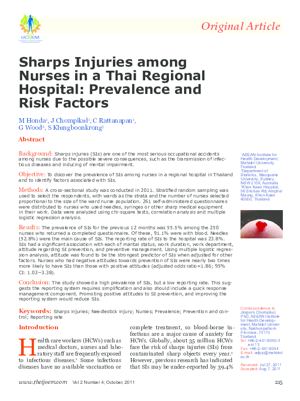 (PDF) Sharps Injuries among Nurses in a Thai Regional Hospital: Prevalence and Risk Factors