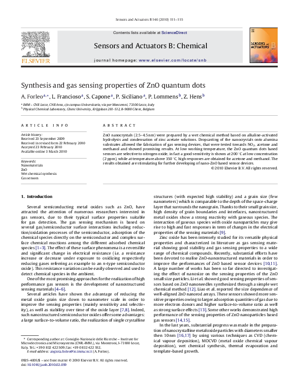 (PDF) Synthesis and gas sensing properties of ZnO quantum dots