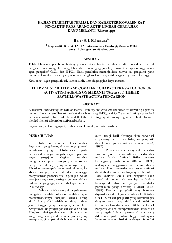 (PDF) KAJIAN STABILITAS TERMAL DAN KARAKTER KOVALEN ZAT PENGAKTIF PADA ARANG AKTIF LIMBAH ...