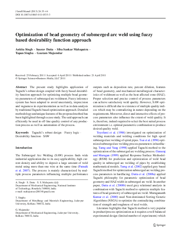 Optimization of bead geometry of submerged arc weld using fuzzy based desirability function approach