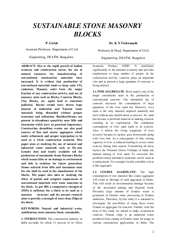 (PDF) SUSTAINABLE STONE MASONRY BLOCKS | Girish Pushparaj - Academia.edu