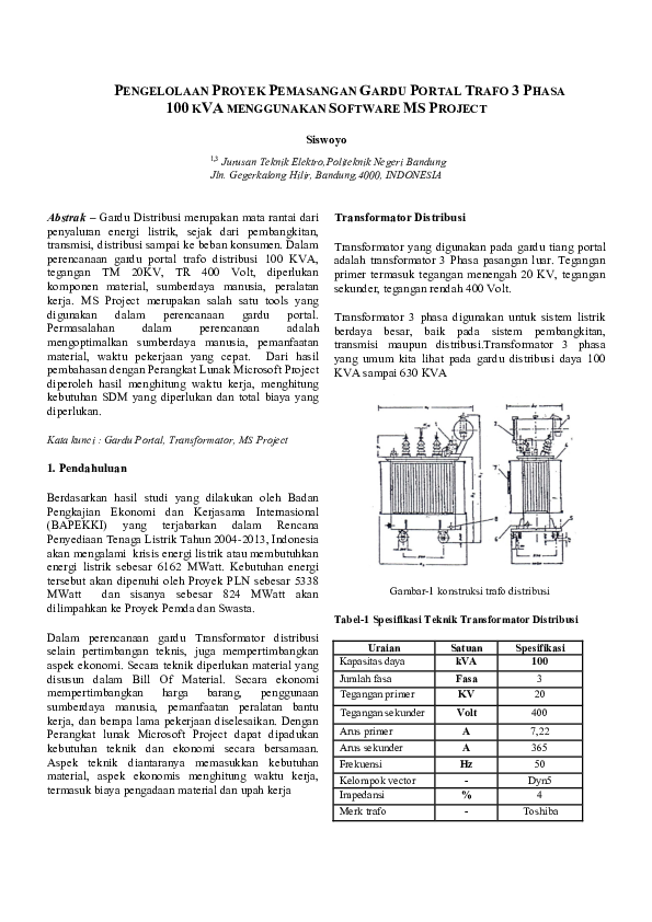(PDF) PENGELOLAAN PROYEK PEMASANGAN GARDU PORTAL TRAFO 3 PHASA 100 KVA MENGGUNAKAN SOFTWARE MS ...