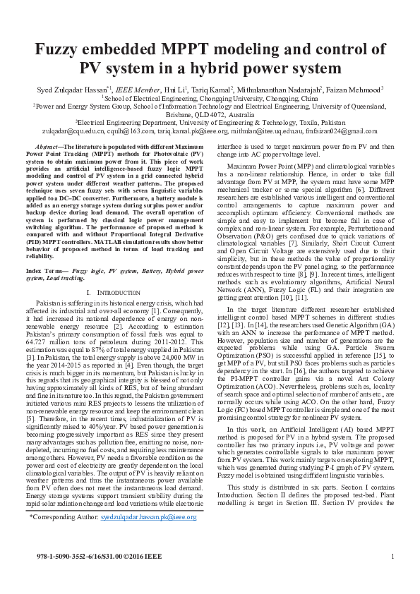 Pdf Fuzzy Embedded Mppt Modeling And Control Of Pv System In A Hybrid