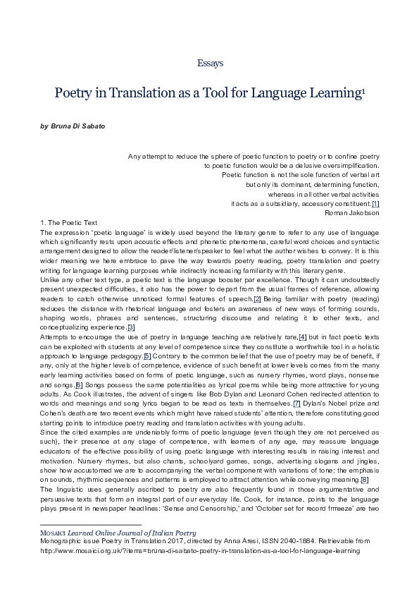 (PDF) Poetry in Translation as a Tool for Language Learning