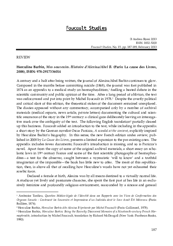 (PDF) Herculin Barbin, Mes souvenirs. Histoire d’Alexina/Abel B. (Paris ...