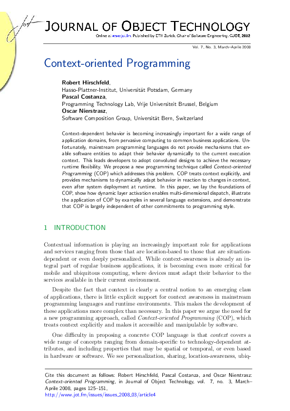 (PDF) Context-oriented Programming