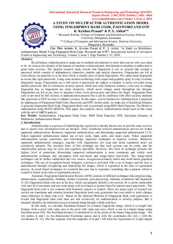 (PDF) A STUDY ON MULTIFACTOR AUTHENTICATION MODEL USING FINGERPRINT HASH CODE, PASSWORD AND OTP