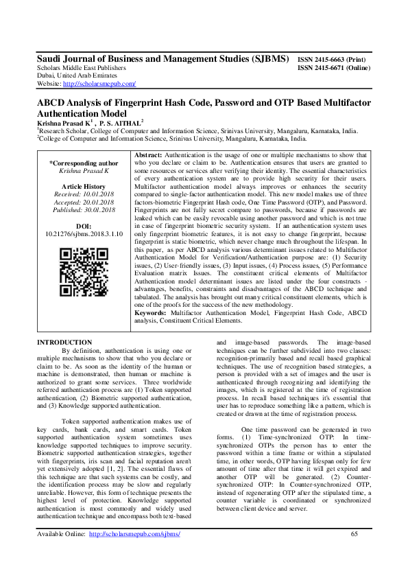 Pdf Abcd Analysis Of Fingerprint Hash Code Password And Otp Based