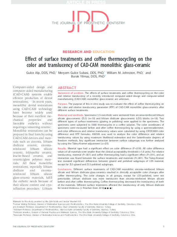 (PDF) Effect of surface treatments and coffee thermocycling on the color and translucency of CAD ...