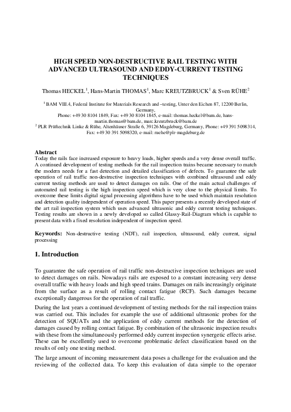 (PDF) HIGH SPEED NON-DESTRUCTIVE RAIL TESTING WITH ADVANCED ULTRASOUND ...