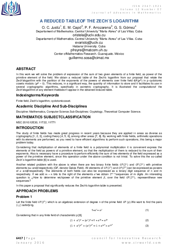 (PDF) A REDUCED TABLEOF THE ZECH´S LOGARITHM