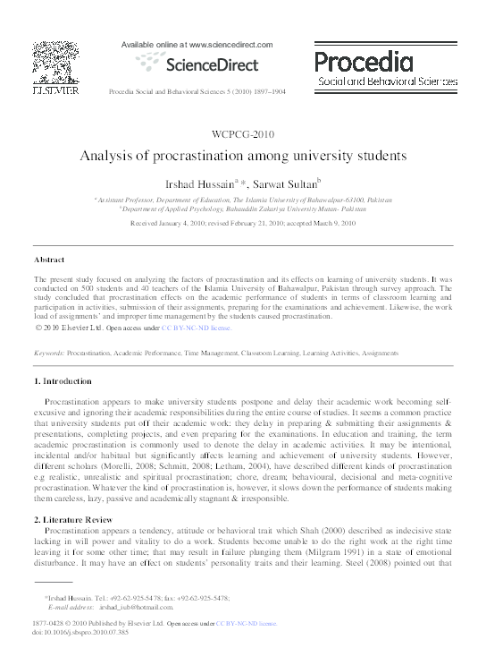 (PDF) Analysis of procrastination among university students