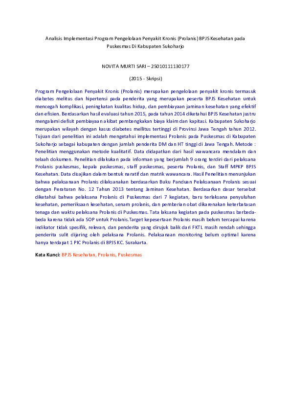 (PDF) Analisis Implementasi Program Pengelolaan Penyakit Kronis (Prolanis) BPJS Kesehatan pada
