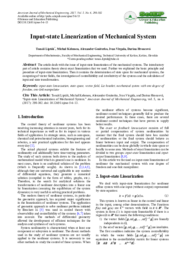 (PDF) Input-state Linearization of Mechanical System