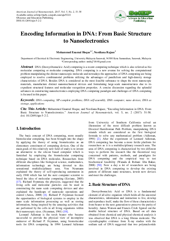 (PDF) Encoding Information in DNA: From Basic Structure to Nanoelectronics